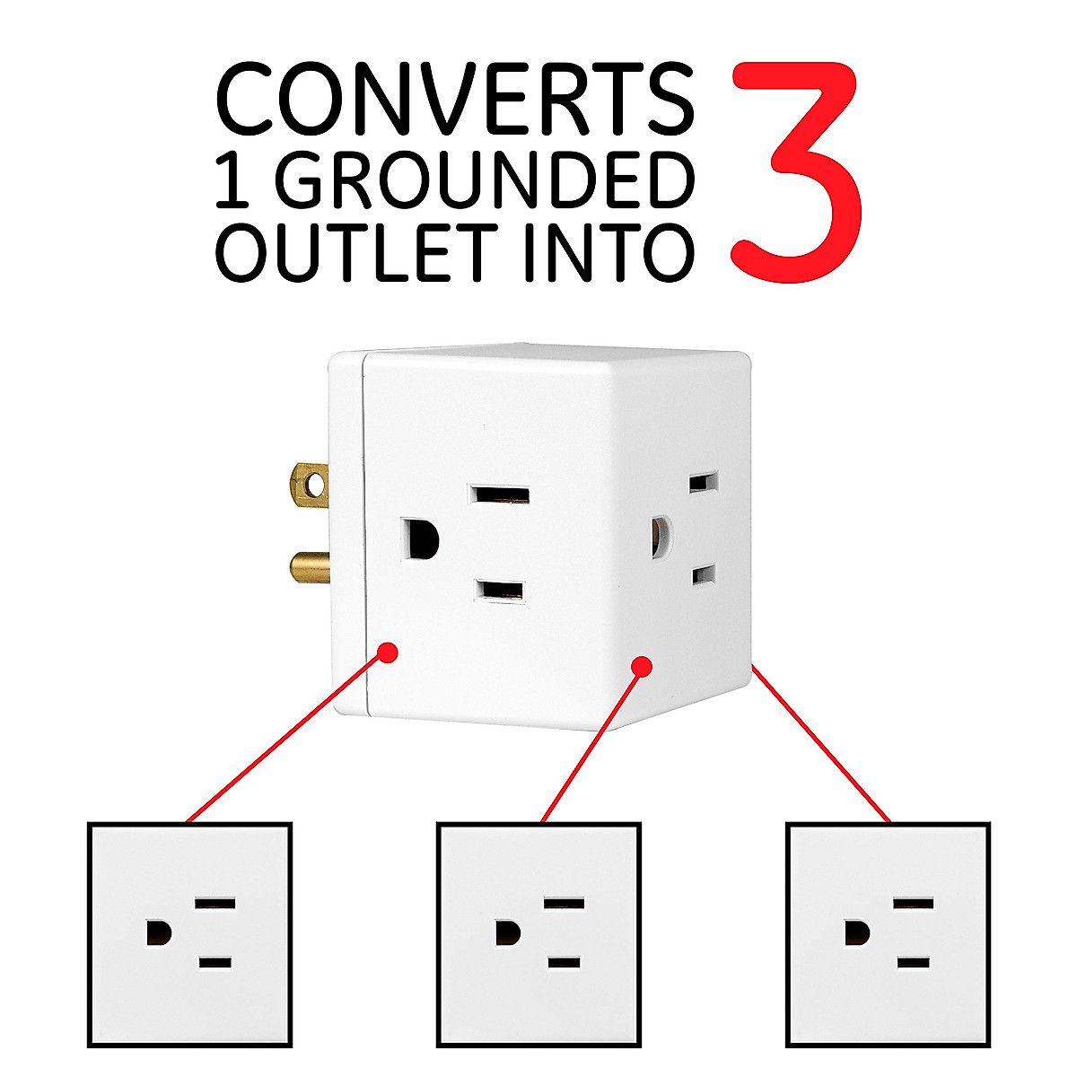 GE 3-Outlet Extender, Grounded Wall Tap, Adapter Spaced, 3-Prong, Multiple Plug, Power Splitter, Cruise Essentials, Use for Home Office School Dorm, UL Listed, White, 58368