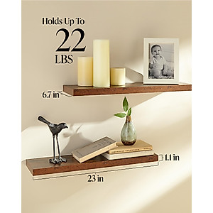 BAYKA Floating Shelves, Wall Mounted Rustic Wood Shelves for Bathroom, Bedroom, Living Room, Kitchen, Office, 23" Hanging Shelf for Books/Storage/Decor with 22lbs Capacity (Rustic Brown,Set of 2)