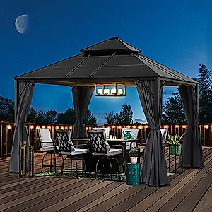 ABCPATIO 12x12 Hardtop Gazebo - Outdoor Polycarbonate Double Roof Gazebo Canopy, Metal Frame Permanent Pavilion with Curtains and Netting for Patio, Garden, Patio, Lawns (Dark Gray)
