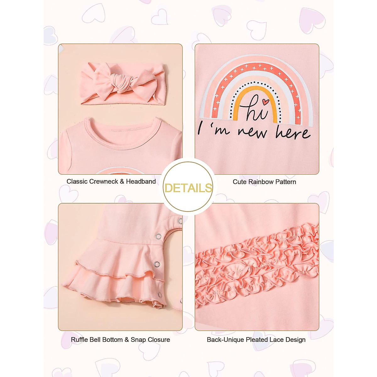 AGAPENG Baby Girl Clothes Newborn Girl Clothes hi I'm new here Romper Ruffle Rainbow Onesie Flare Bell Bottom Jumpsuit Fall Winter Outfits Newborn Girl Outfits Pink with Headband Hat