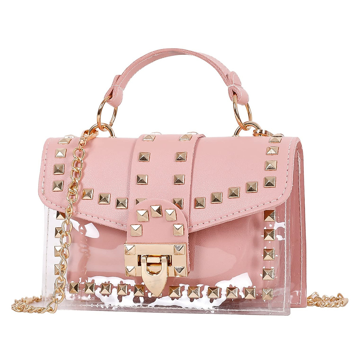 Qiayime Womens Fashion Purses and Handbags Shoulder Bag Ladies Rivet PVC Jelly Purse Designer Satchel Messenger Tote Bag (Pink)