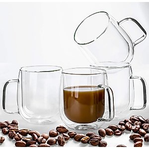 Hovico Insulated Coffee Mugs, Glass Coffee Mugs Set of 4, Clear Coffee Mug 12 Oz, Double Wall Glass Coffee Cups for Latte, Cappuccino, Americano, Tea and Beverage