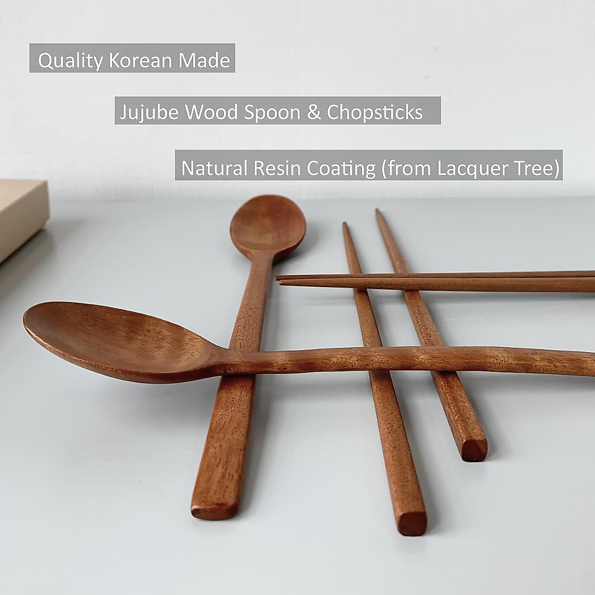 cozymomdeco Korean Made Natural Lacquer Coated Wooden Chopsticks & Spoon Utensil Flatware Jujube Tree Ottchil Natural Lacquer Stocking Stoffer Gift for Mom (2SET)