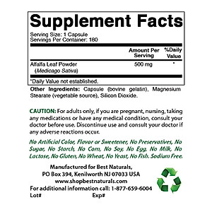 Best Naturals Alfalfa Green Super Food 500 mg 180 Capsules (180 Count (Pack of 1))