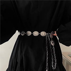Tatibana Women Boho Chain Belts, Western Cowgirl Waist Links Belt Adjustable Metal Concho Metal Chain Hollow Out Daisy Decorated Skinny Waist Belt For Dresses