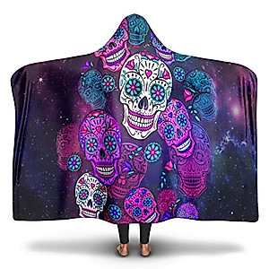 freedomlook Sugar Skull Hooded Blanket, Sherpa and Microfiber Fleece Candy Skull Skull Blanket with Hood for Teens and Adults (80 in x 55 in, Microfleece)