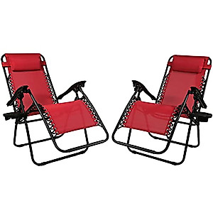 Sunnydaze Outdoor Zero Gravity Lounge Chairs with Pillow and Cup Holder Folding Patio Lawn Recliner Set of 2 Red