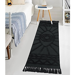 Uphome Hallway Runner Rug 2'x6' Washable Evil Eye Tufted Boho Rug with Tassels Soft Cotton Woven Kitchen Rugs Farmhouse Aesthetic Dark Gray Accent Rug for Living Room Laundry Room Bedroom