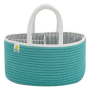 LittleXplorer Baby Diaper Caddy Organizer - 3 Pockets for Nursery Items - Portable Diaper Storage Tote Bag for Changing Table and Car - Boy Girl Travelling Caddy - Rope Design 100% Cotton (Turquoise)