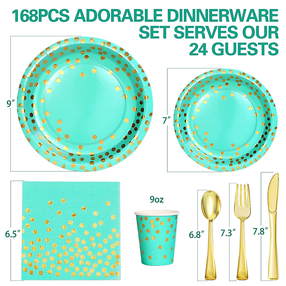Gudvilla 168PCS Teal Party Plates and Cups and Napkins sets,Teal Paper Plates Bulk with Gold Cutlery Serve 24 Guests,Teal Party Supplies Bridal Shower Birthday for Teal and Gold Wedding Decorations
