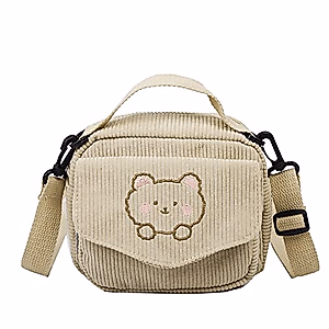 Cute Kawaii Purse Crossbody Bag Girls Kawaii Bear Corduroy Satchel Purse Cute Plush Shoulder Bag Purse Kawaii Bear Print Purse for Teen Girls Women