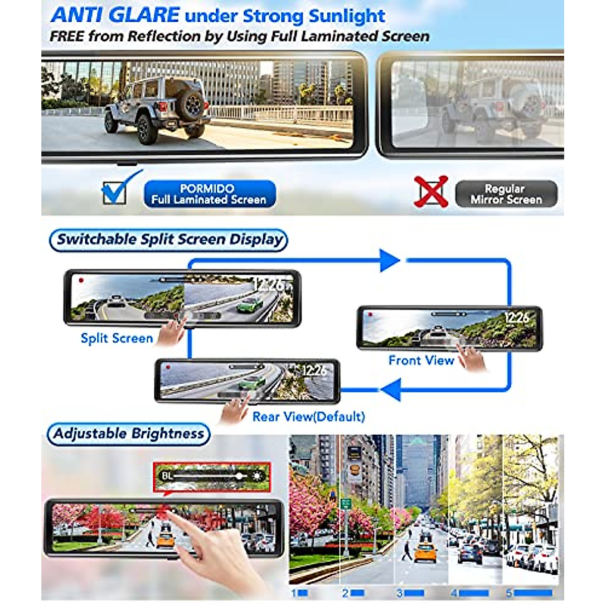 PORMIDO Mirror Dash Cam 12" with Detached Front Camera,Anti Glare Full Touch Split Screen HD 1296P,Car Backup Rear View Mirror Camera Dual Lens with Sony Sensor,Super Night Vision,Parking Assistance