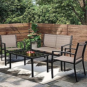 Greesum 4 Pieces Patio Furniture Set, Outdoor Conversation Sets for Patio, Lawn, Garden, Poolside with A Glass Coffee Table, Brown