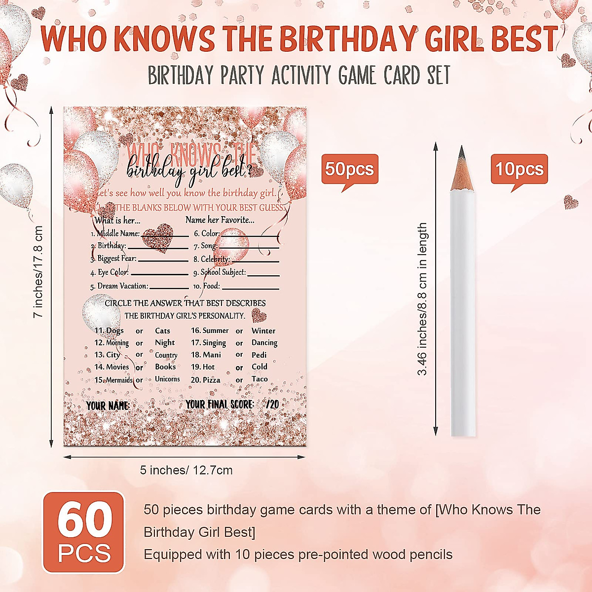 Leinuosen Who Knows The Birthday Girl Best Card, 50 Pcs Birthday Party Game Set Girly Pink Rose Gold Sprinkles Themed Birthday Cards with 10 Pre Pointed Pencils for Teen Girls Sweet Sleepover Party