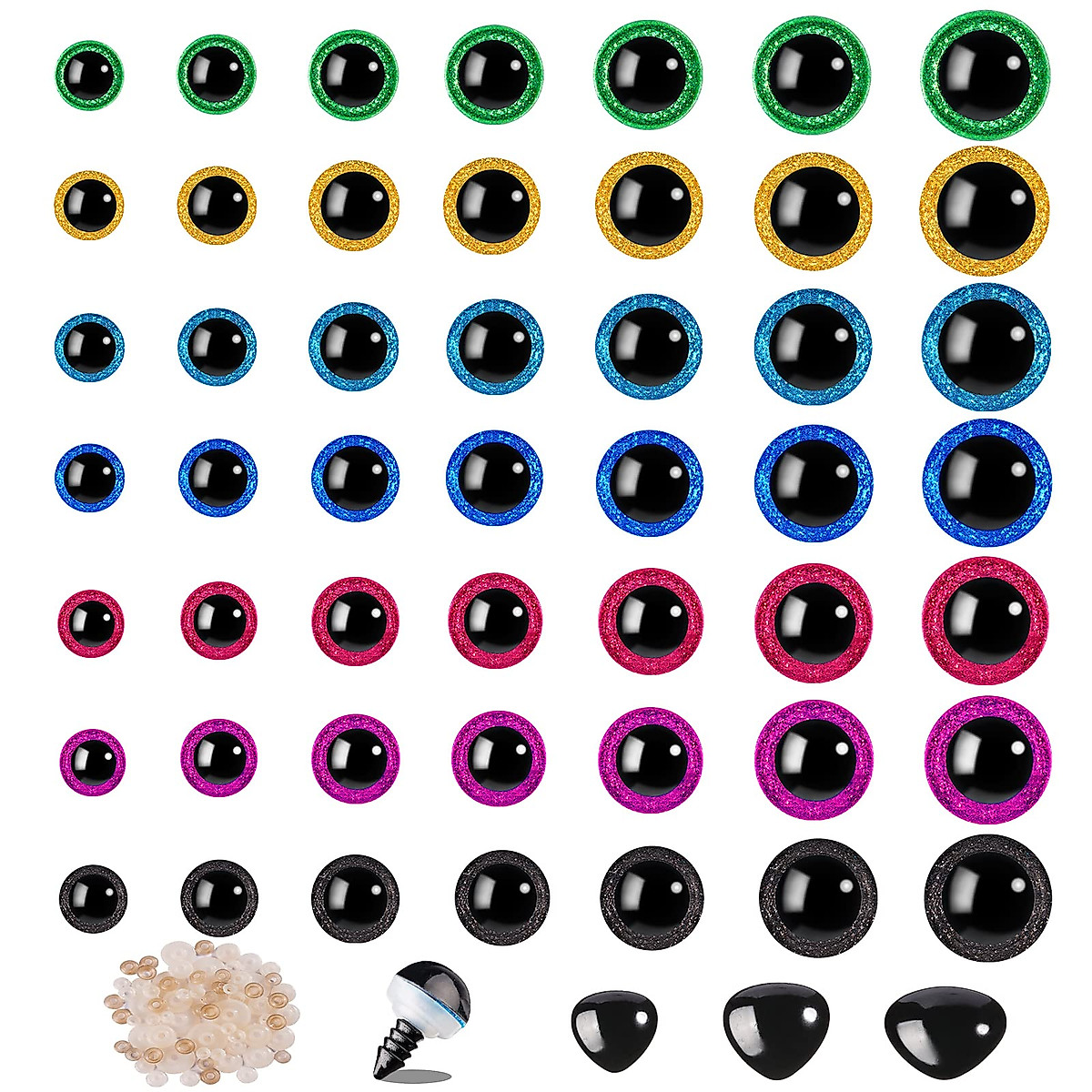Ferenala 100Pcs 10-30mm Safety Eyes and Noses Large Plastic Craft Crochet Eyes Glitter Doll Eyes with Washers for Plush Animals Stuffed Animals DIY Puppet Bear Toy Doll Making Supplies (Multicolor)
