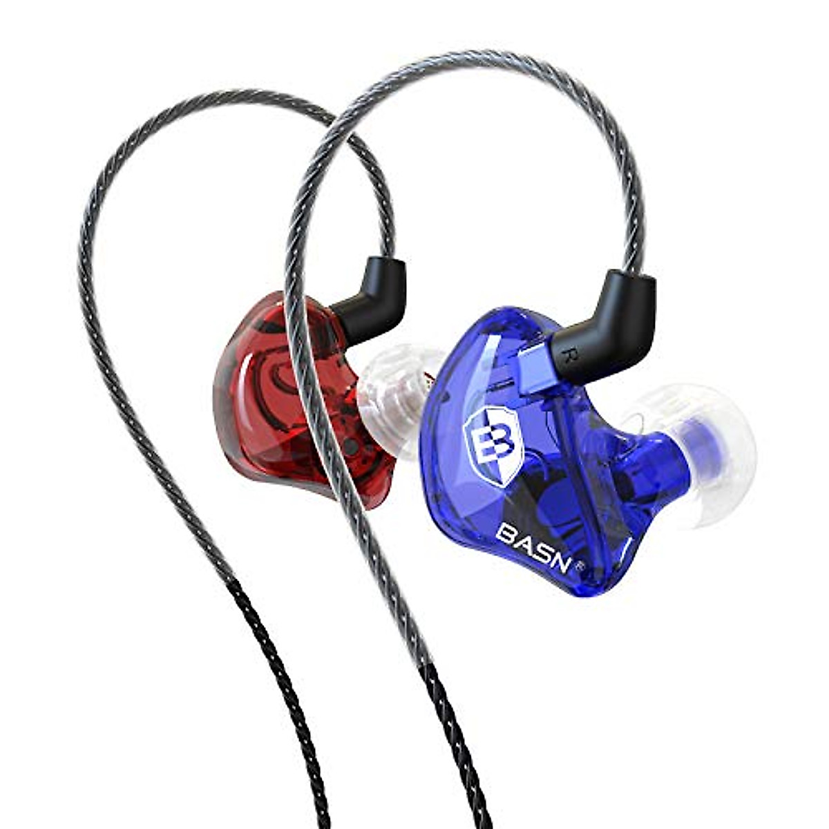 BASN in-Ear Monitor Headphones Dual Dynamic Drivers in Ear Earphones Detachable MMCX Cable Musicians in Ear Earbuds (MC100 Red/Blue, with Mic)