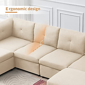 linor Modern U Shaped Convertible Sofa Couch,118'' Modular Sectional Sofa with Tufted Back Cushion, 6 Seat Oversized Sectionals Sofa Couch with Ottomans for Living Room (Linen,Beige)