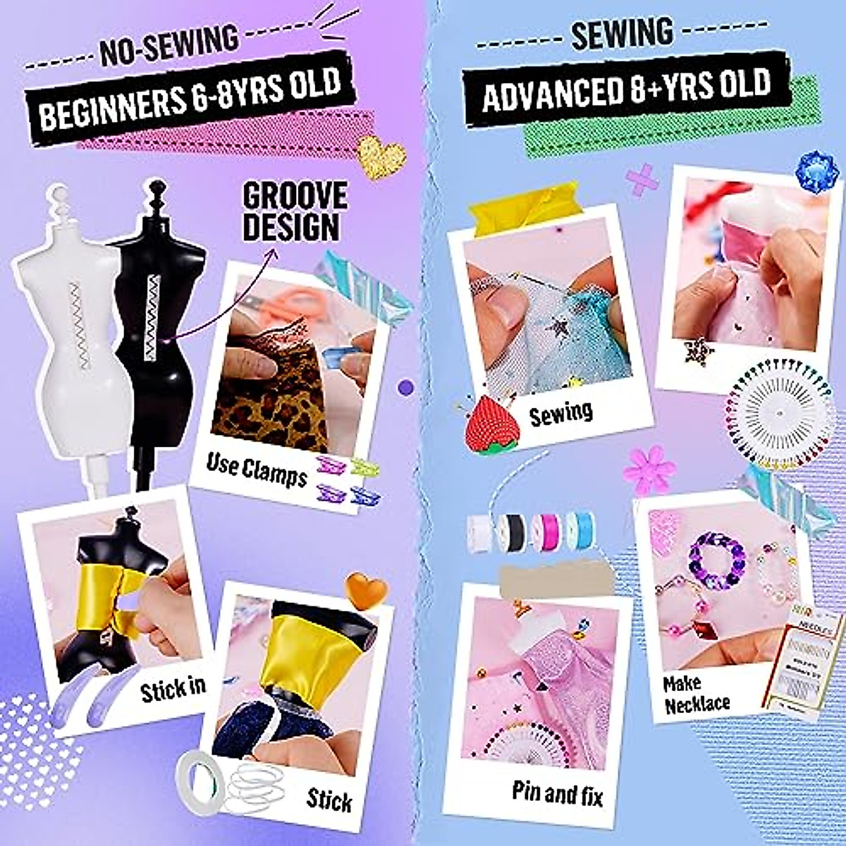 ONE TO FOUR 800+Pcs - Fashion Designer Kit for Girls with 6 Mannequins - Arts and Crafts Kit- Sewing Kit for Kid Ages 8-12 -Girls Gift Age 6 7 8 9 10 11 12-Gifts for Teen Girls