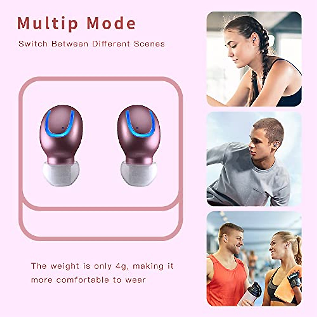 True Wireless Earbuds for Small Ears, Bluetooth Headphones 48h Playtime IPX7 Waterproof Sport Headphones in-Ear, with Mic Noise Cancelling for iPhone/Samsung/Galaxy for Men Women Rose Gold