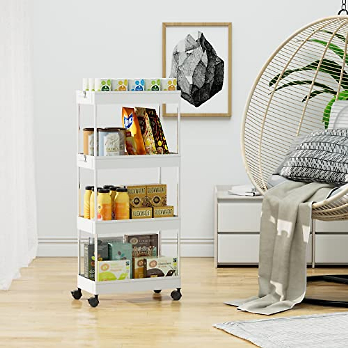 OTK Storage Cart 4 Tier Mobile Shelving Unit Organizer, Utility Rolling Shelf Cart with Wheels for Bathroom Kitchen Bedroom Office Laundry Narrow Places, White