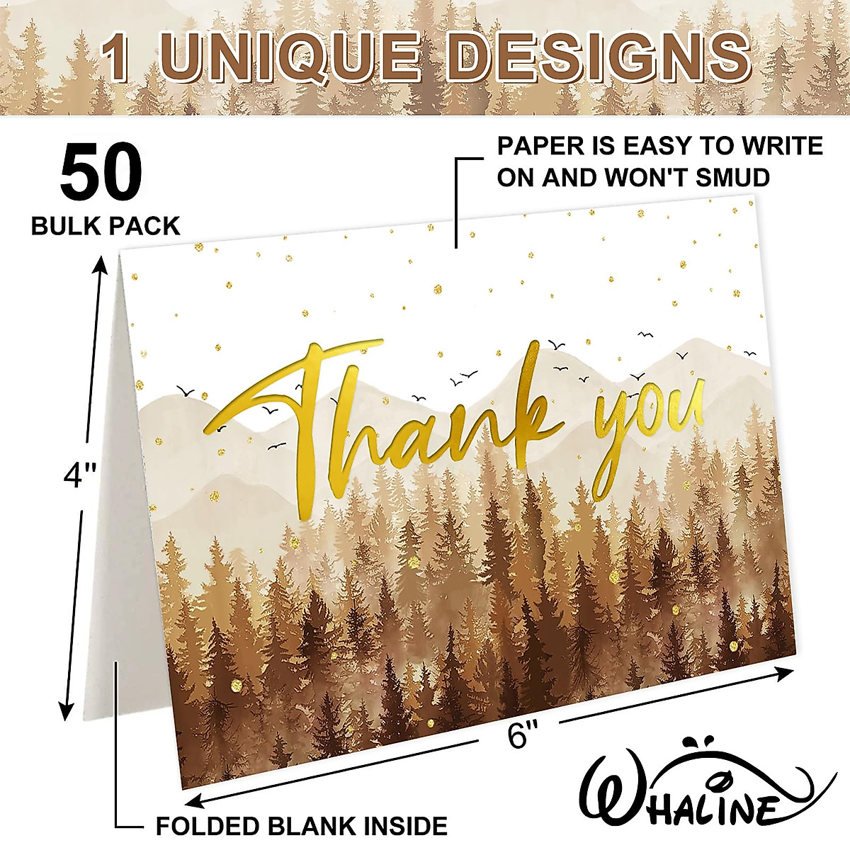 Whaline 50 Packs Fall Forest Gold Foil Thank You Cards Autumn Nature Greeting Cards Blank Note Cards with Envelopes and Stickers for Thanksgiving Wedding Birthday Party, 4 x 6 Inch