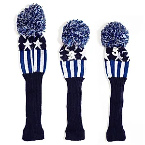 Stars and Stripes Exchangeable Long Neck Retro Golf Club Head Covers Set of 3 fit for 460cc Driver Wood Fairway Wood Rescue Hybrid Utility UT,for Men/Women Golfers Breathable Machine Washable