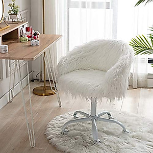 Hi&Yeah Cute Unicorn Faux Fur Desk Chair with Roller Wheel, Comfy Fluffy Adjustable Height Home Office Chair for Teens Adults Study Room Bedroom, White