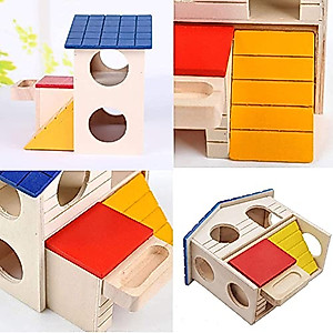 FORZENA Pet Small Animal Hideout Hamster House Deluxe Two Layers Wooden Hut Play Toys Chews Color Sepak Takraw and Barbell