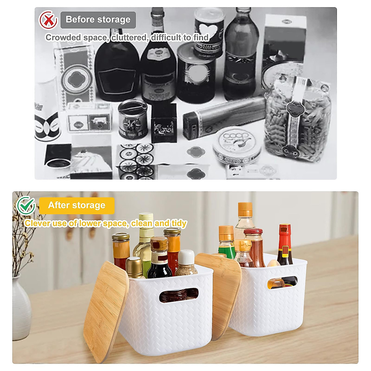 2 Packs Storage Bins with Bamboo Lids,Plastic Stackable Storage Containers,Storage Box Storage Baskets Lidded Organizer Bins for Shelves Drawers Desktop Closet Playroom Classroom Office (Green)