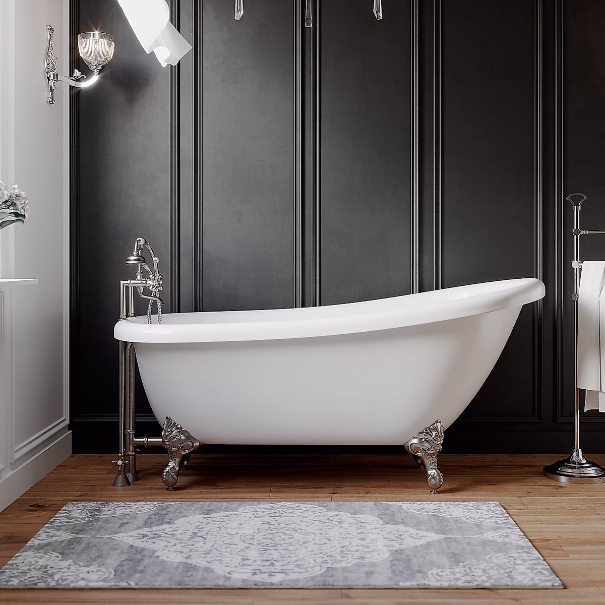 67" Acrylic Slipper Clawfoot Tub & Brushed Nickel Complete Deck Mount Plumbing Package- "Miller"