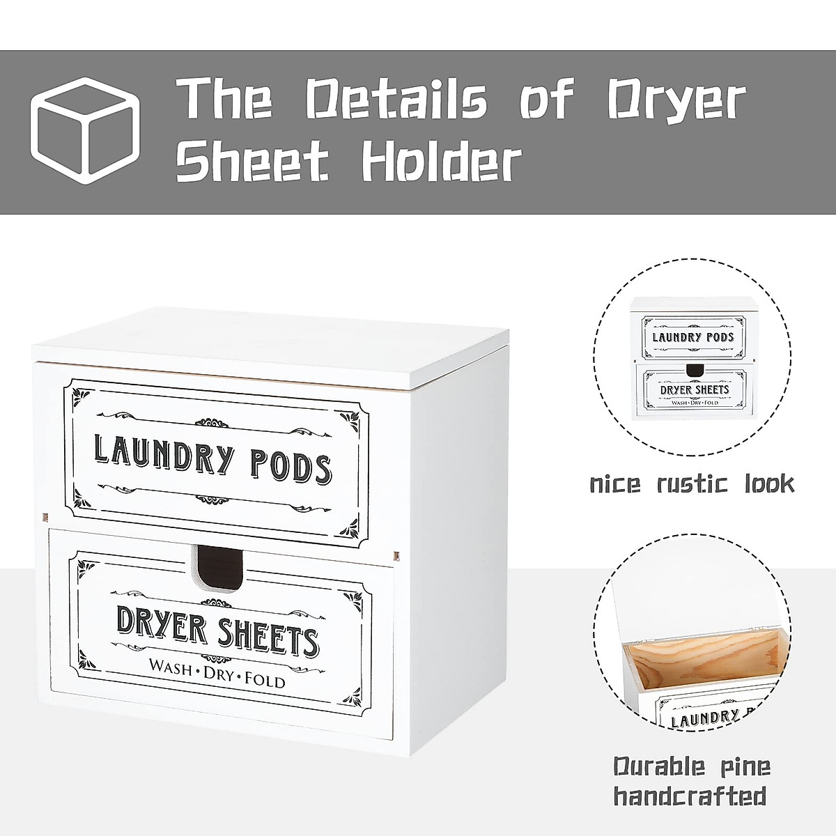 Farmhouse Dryer Sheet Holder with Hinged Lid, Rustic Wooden Dryer Sheet Dispenser and Laundry Pods Container, Laundry Sheet Storage Box Fabric Softener Dispenser for Laundry Room Decor (White)