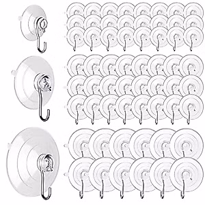 Roowest 60 Pcs Suction Cup Hooks Window Suction Cups with Hooks Clear Removable Wall Hooks Suction Cup Hangers for Glass Window Door Wall Mirror Wreath Loofah Tile, 12 Large, 24 Medium, 24 Small