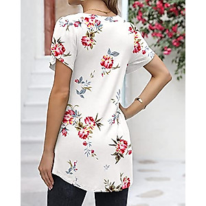 DUSDIMON Women's 2023 Summer Tunic Tops Petal Short Sleeve Square Neck Loose Flowy Pleated Shirts(Flower White, XL)