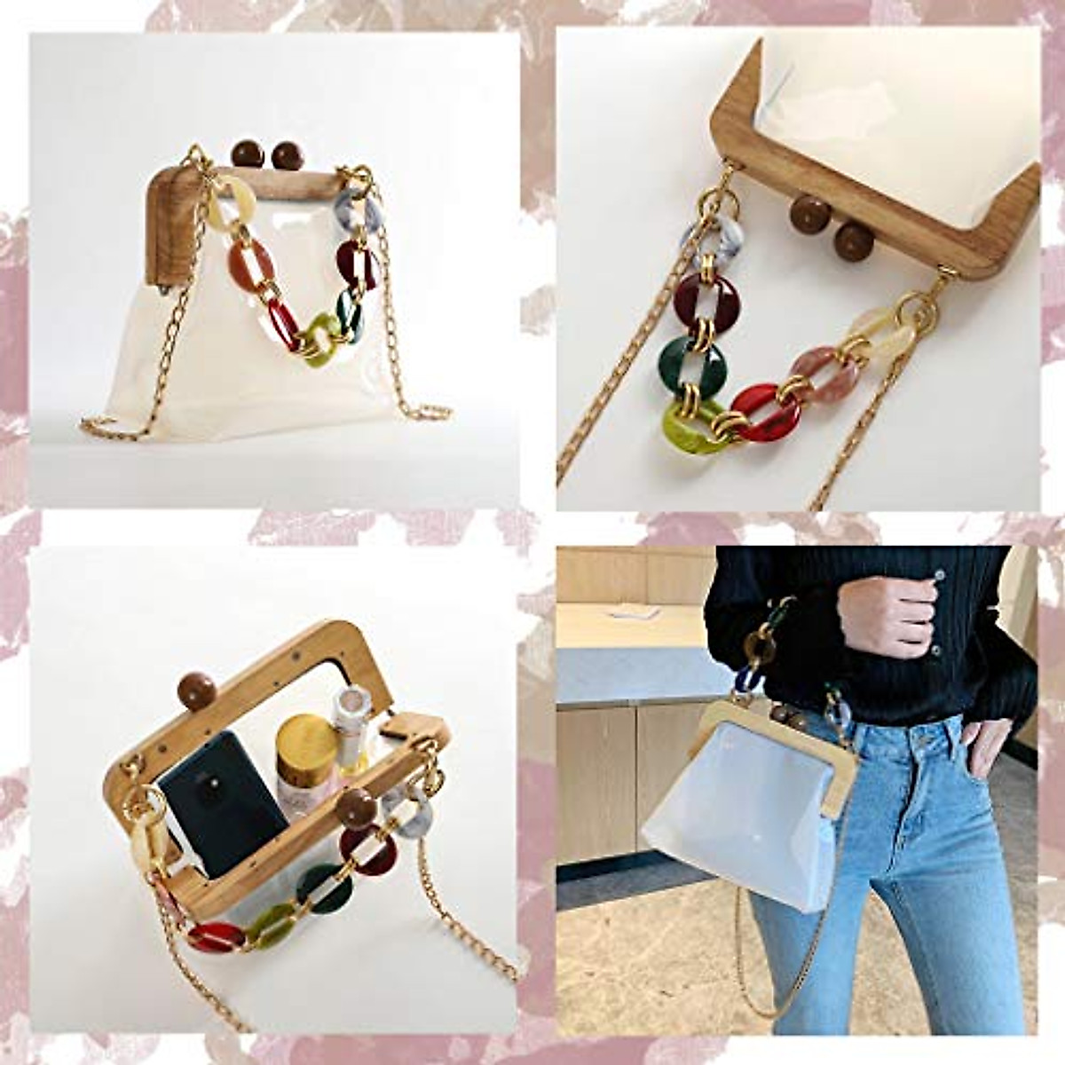 YUSHINY Women Transparent PVC Plastic Handbag Crossbody Durable Evening Bag with Removable Acrylic Curb Shoulder Strap (White)