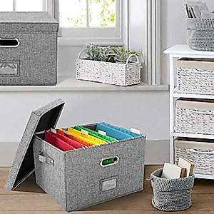 JSungo File Box with 5 Hanging Filing Folders, Document Organizer Storage for Office, Collapsible Linen Storage Box with Lids, Home Portable Storage with Handle, Letter Size Legal Folder, Grey