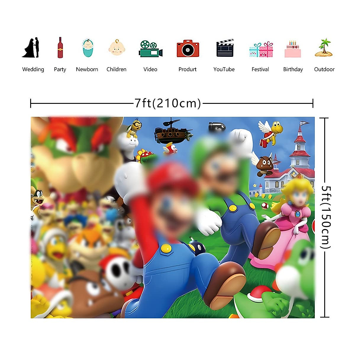 Super Brother Backdrop Children Fans Birthday Party Supplies Decoration Background Boy Adventure Theme Cartoon Video Game Shooting Banner Family Cake Table Photo Props (7x5FT(210x150cm))