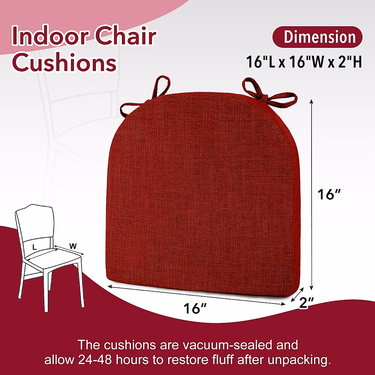downluxe Indoor Chair Cushions for Dining Chairs, Soft and Comfortable Textured Memory Foam Kitchen Chair Pads with Ties and Non-Slip Backing, 16" x 16" x 2", Red, 4 Pack