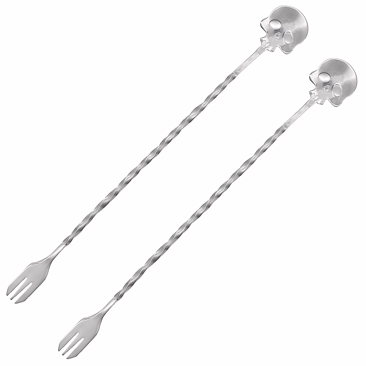 Pinenjoy 2Pcs Skull Bar Spoon and Fork with Spirial Pattern 9.8inch Long Handle 18/10 Stainless Steel Cocktail Shaker Spoon for Bartender Halloween Stirring Beverages