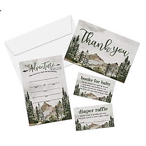 Yuansail Baby Shower Invitation Set, Fill In Invites Cards, Books For Baby, Diaper Raffle, Thank You, The Adveture Begins, Each Design 25 Cards & Envelopes (Total 100 Cards) – (bb003-taozhuang)