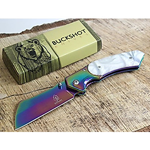 Wartech Buckshot Thumb Open Stainless Steel Handle with Inlay Classic Razor Pocket Knife (Black) … (Rainbow)