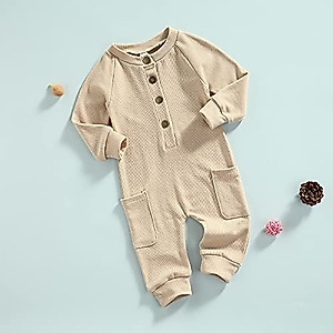 Newborn Baby Girl Boy Clothes Casual Jumpsuit Unisex Infant Solid Color Long Sleeve Romper with Pockets (Khaki, 6-9 Months)
