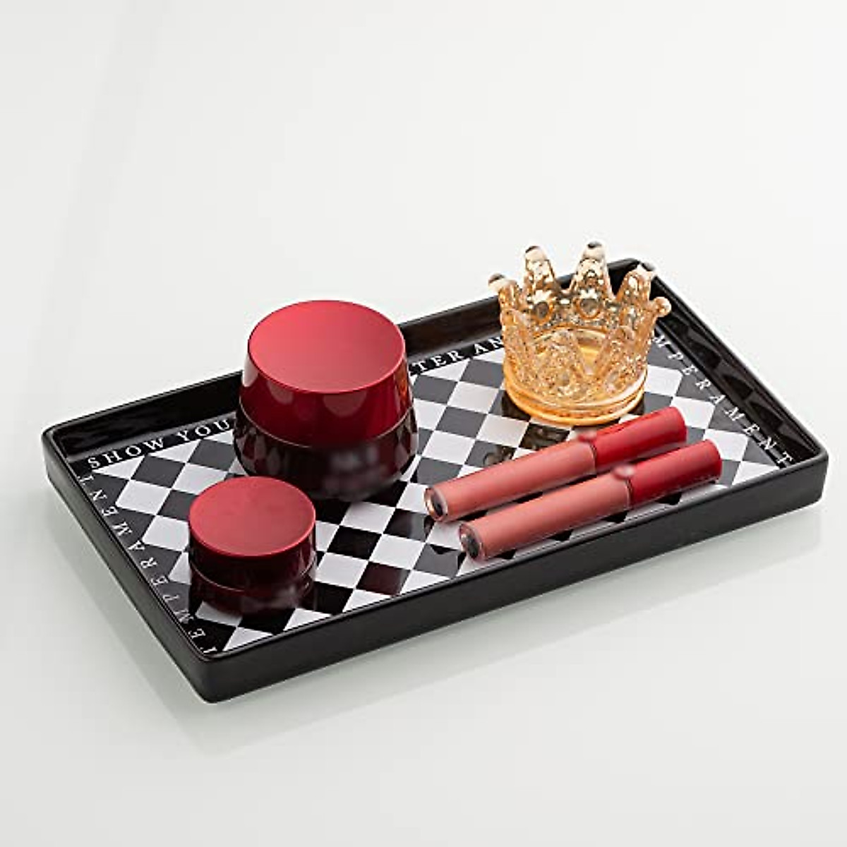 Redelaenor Ring Dish Rectangular Trinket Jewelry Tray Ceramic Dresser Bathroom Vanity Storage and Holder Black and White Grid Medium