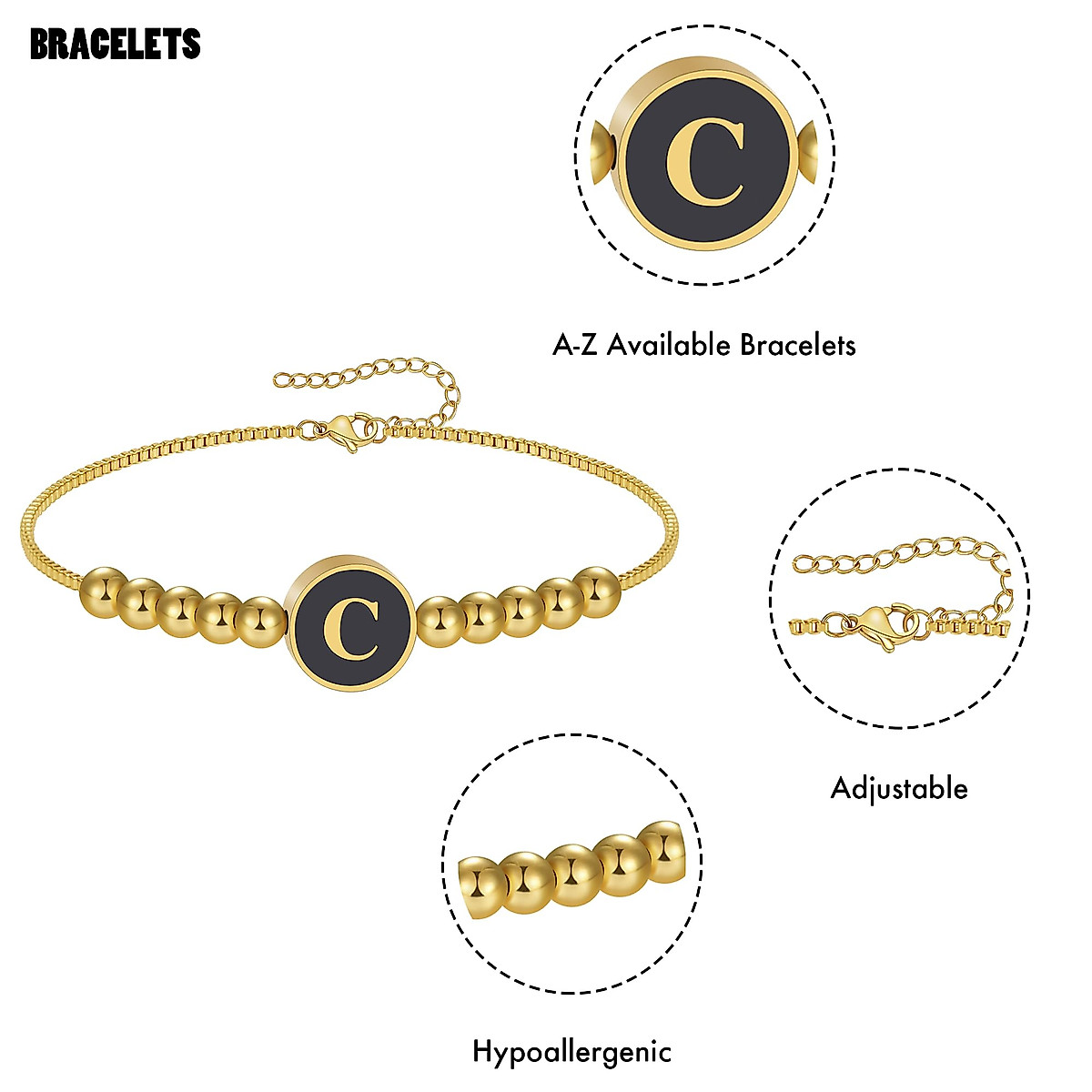 VIBILIA Gold Initial Bracelets for Women Dainty 18K Gold Filled Beaded Letter Bracelet Personalized 26 Alphabet Disc Monogram Charm Bracelet Jewelry Gifts - C