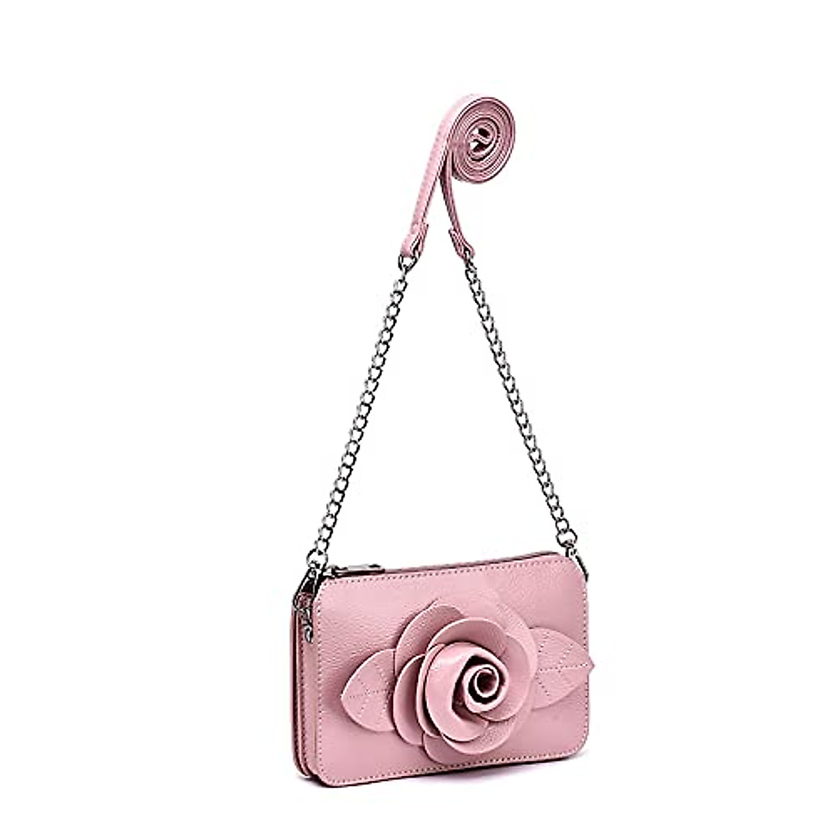 Mellow World Rosali 3D Floral Cell Phone Small Cross Body Shoulder Bag Vegan Patent Leather Women Purse Touch Screen Removable Strap, Mistyrose