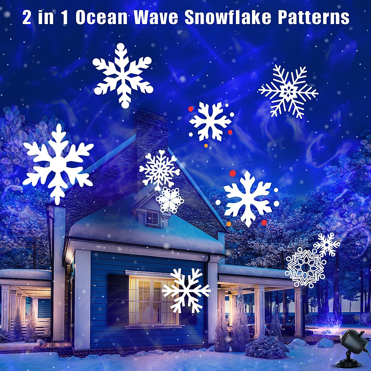 Christmas Projector Lights Outdoor, Brightness Increase HD 2-in-1 Ocean Wave Snowflake LED Holiday Projector Lights Indoor 12 Slides * 8 Patterns, Waterproof for Party Garden Landscape