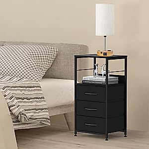 Black Nightstand with Drawer Set of 2, Tall End Table Bedroom Night Stand Side Table with 3 Fabric Drawers Modern Bedside Table with Storage Shelf for Office, Study