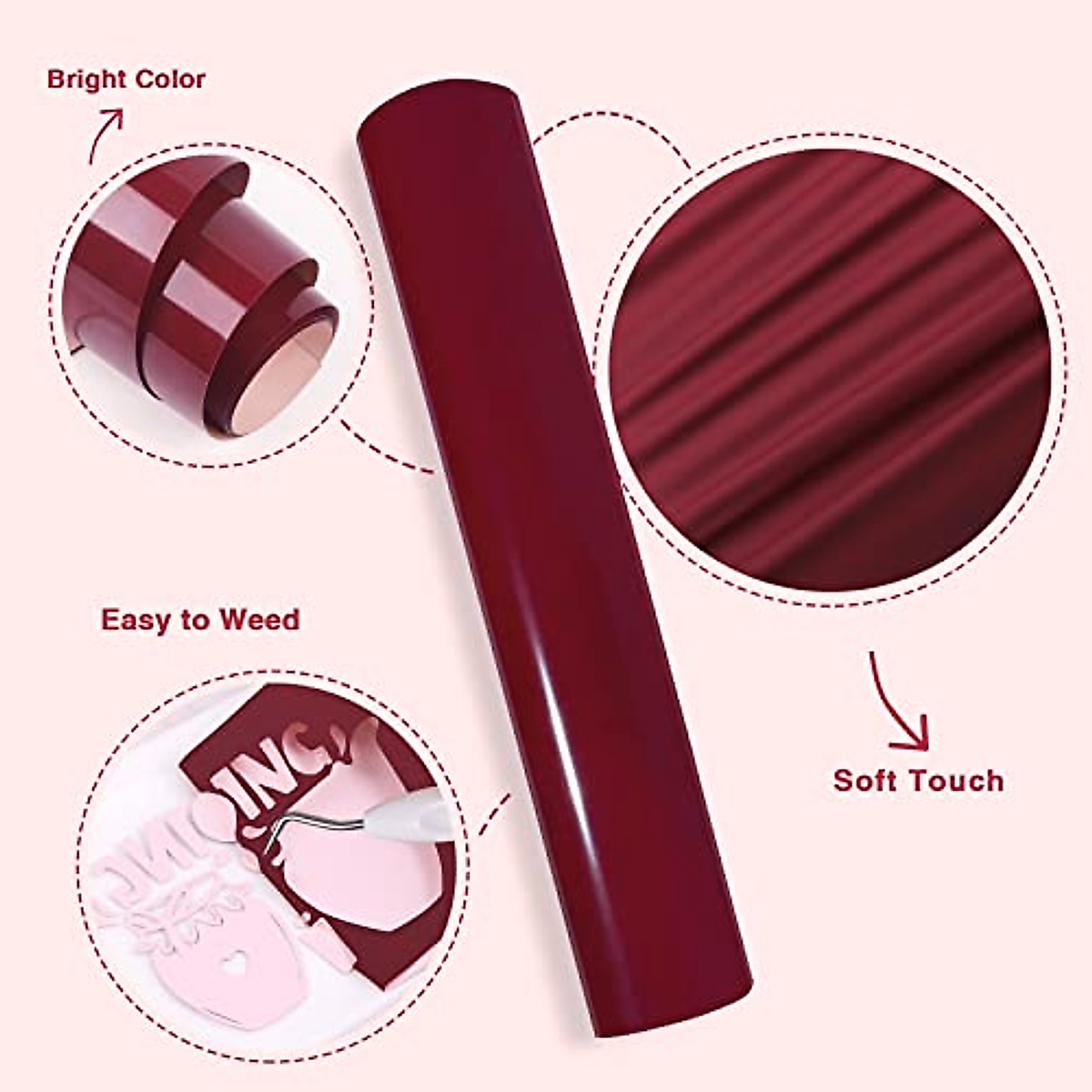 V C VACREER Maroon Heat Transfer Vinyl,HTV Vinyl Rolls Iron on Vinyl for Tshirts Heat Press Easy to Cut and Weed Smooth 12"x5ft