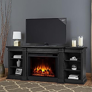 Real Flame Eliot Grand Electric Fireplace TV Stand, Solid Wood with Adjustable Shelves, Includes Mantel, Firebox & Remote Control, Black