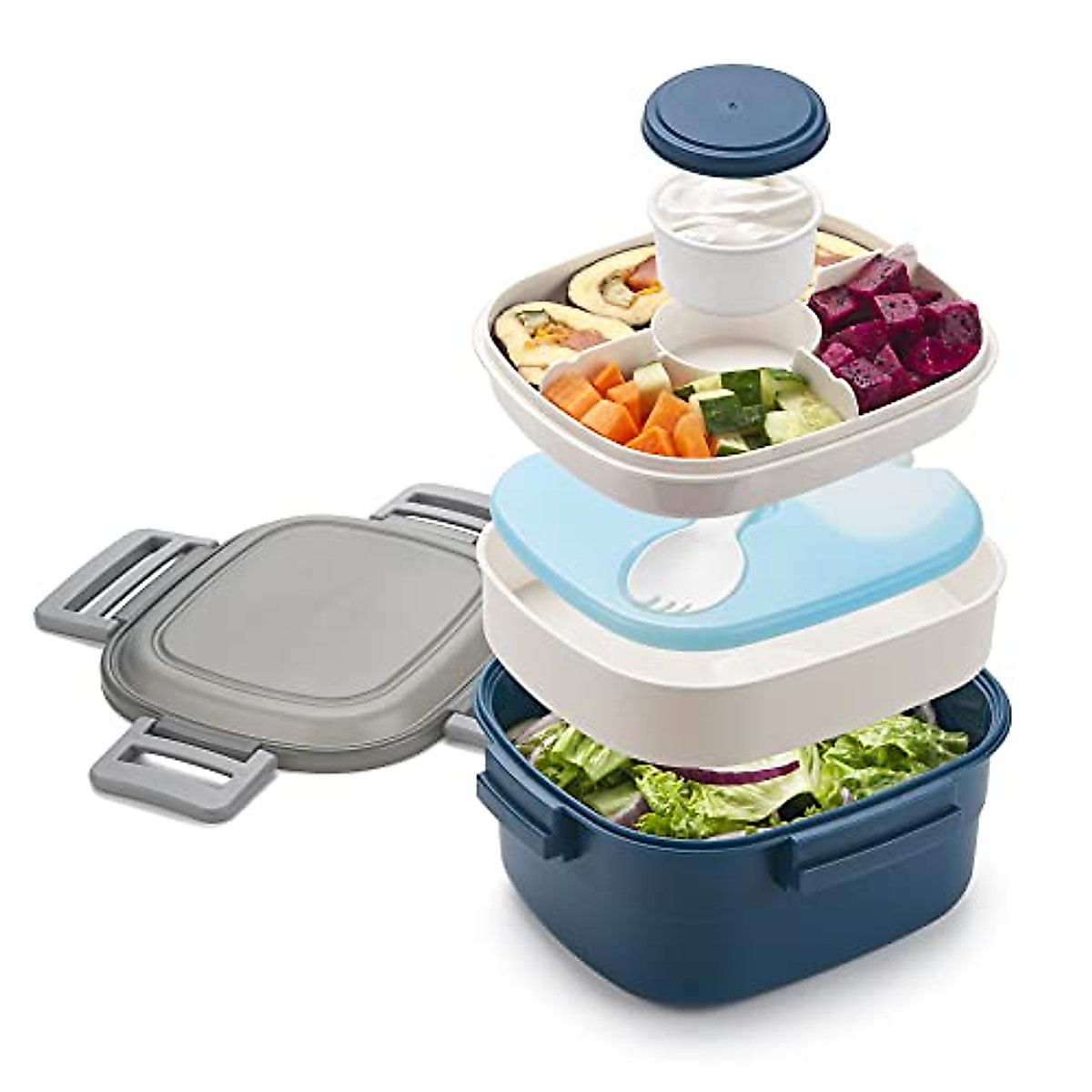 Freshmage Salad Container for Lunch with Ice Pack, Leakproof BPA-Free 52-oz Lunch Container with 4 Compartments, Salad Lunch Container for Men, Women (Blue+Ice Pack)