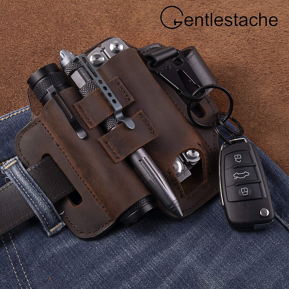 Gentlestache Multitool Belt Sheath, EDC Leather Belt Organizer, Flashlight Holder, Pen Holder and Keychain Clip, Practical EDC Pouch for Men Dark Brown